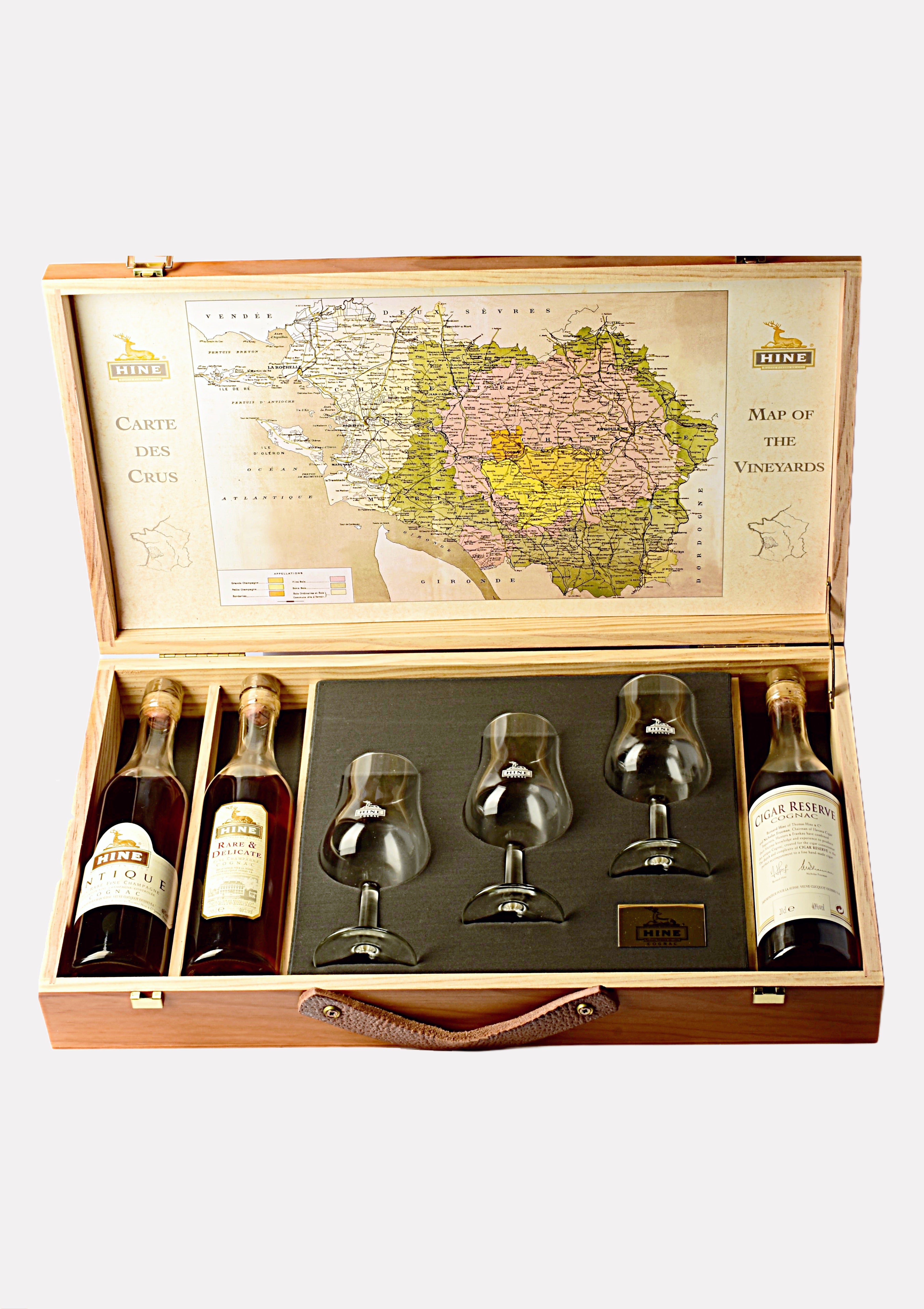 Hine Holzkoffer mit 3 Gläser (Rare & Delicate, Antique, Cigar Reserve